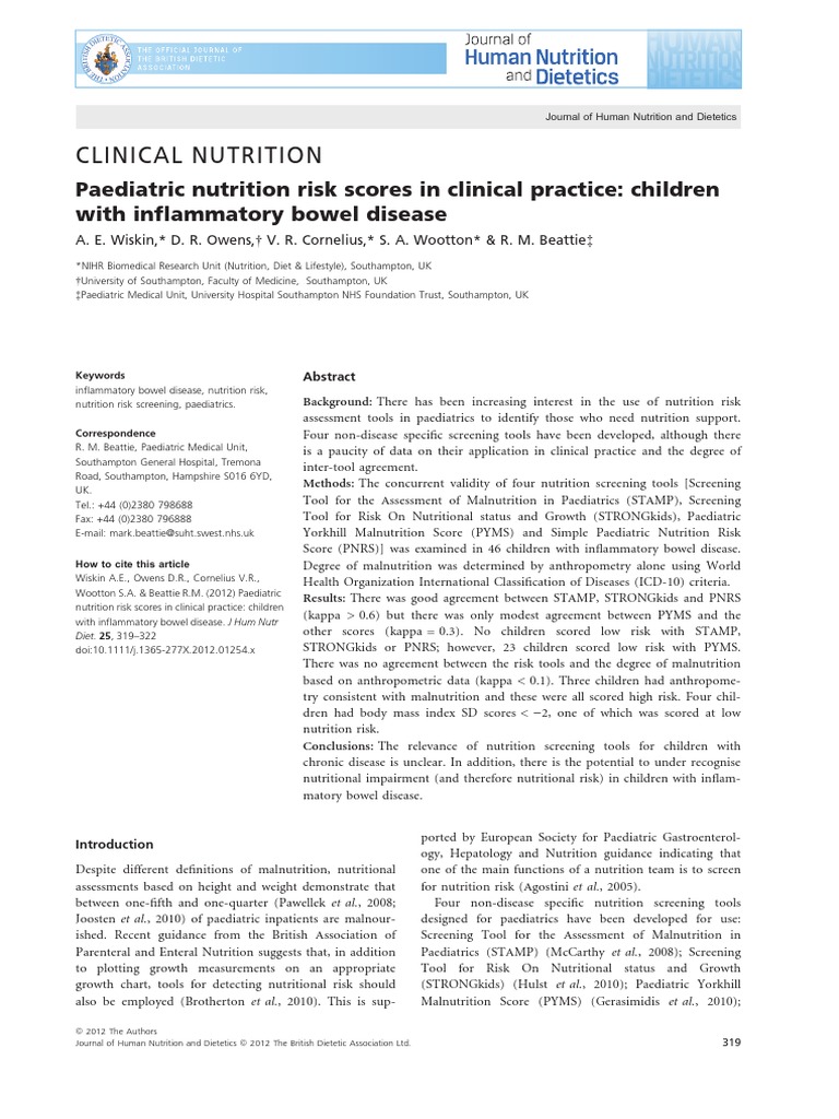Clinical Nutrition: Paediatric Nutrition Risk Scores in Clinical ...