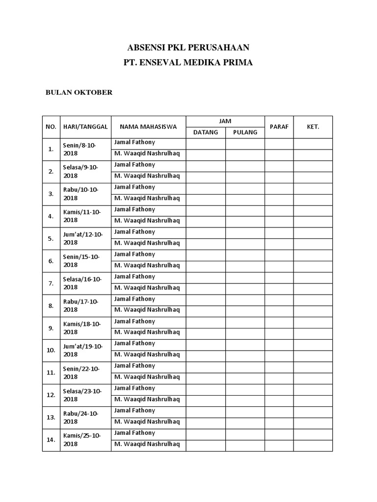 Absensi PKL Perusahaan Pt. Enseval Medika Prima: Bulan Oktober | PDF