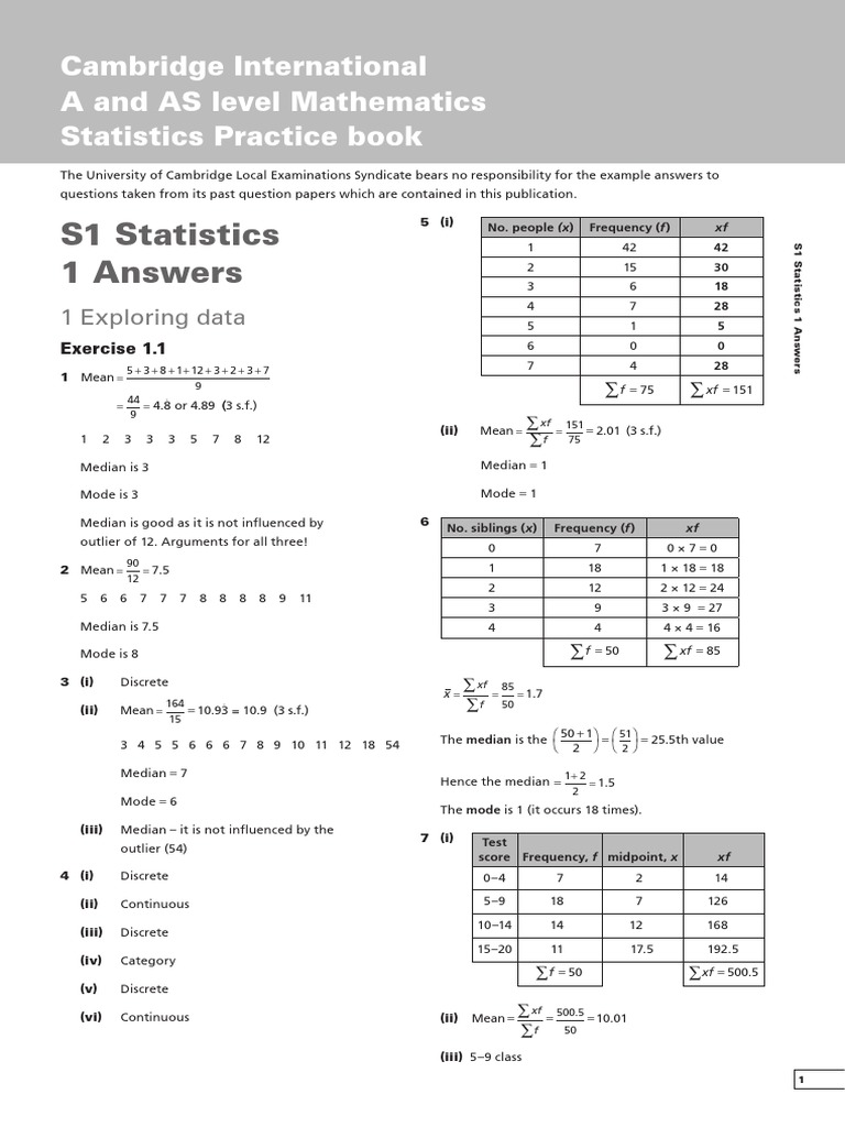 Cambridge AS-A-Level Statistics Answers Book 9781444197686 PDF | PDF ...