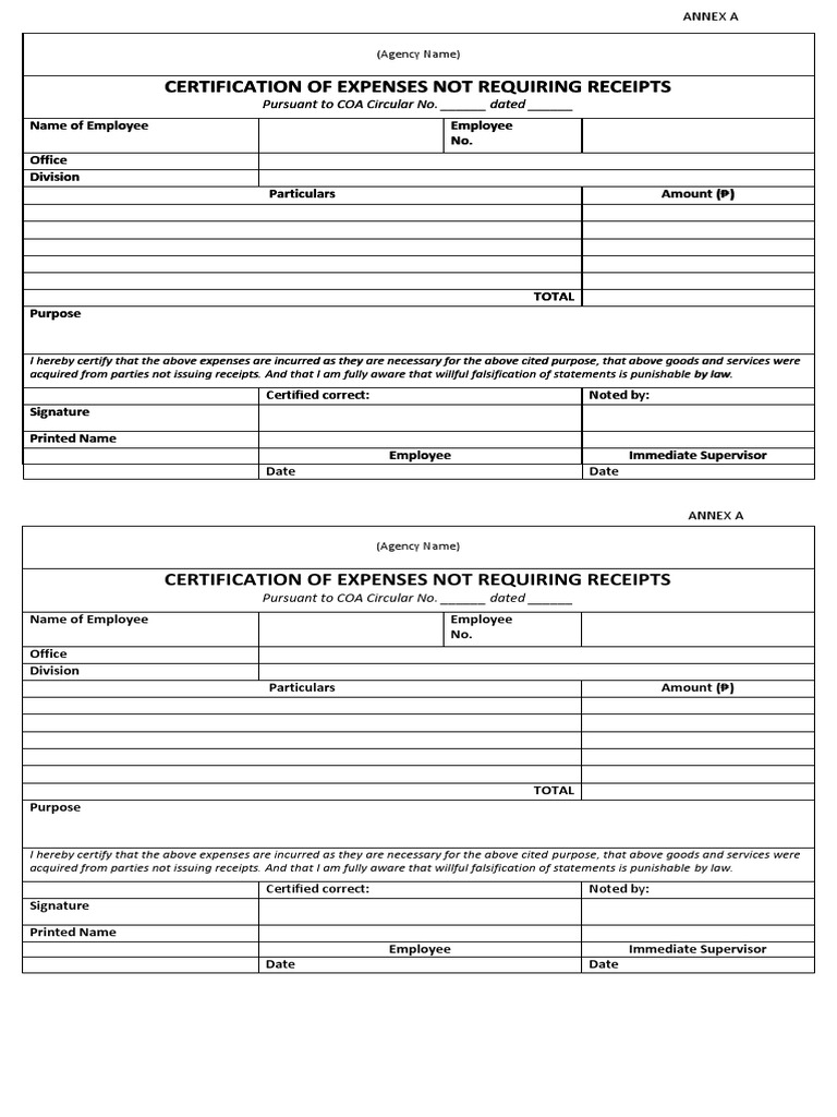 Certification of Expenses Not Requiring Receipts Certification of Expenses Not Requiring ...