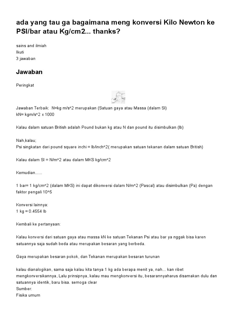 Konversi Kilo Newton Ke PSI - Bar Atau KG - cm2.. | PDF