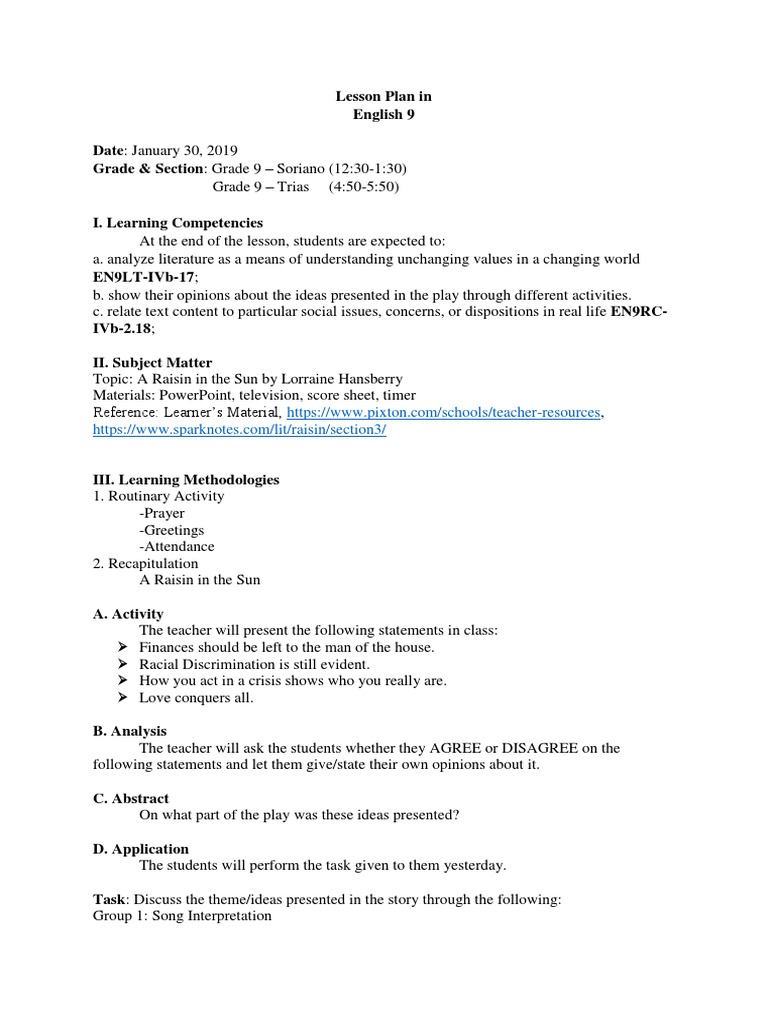 Lesson Plan: A Raisin in the Sun | PDF