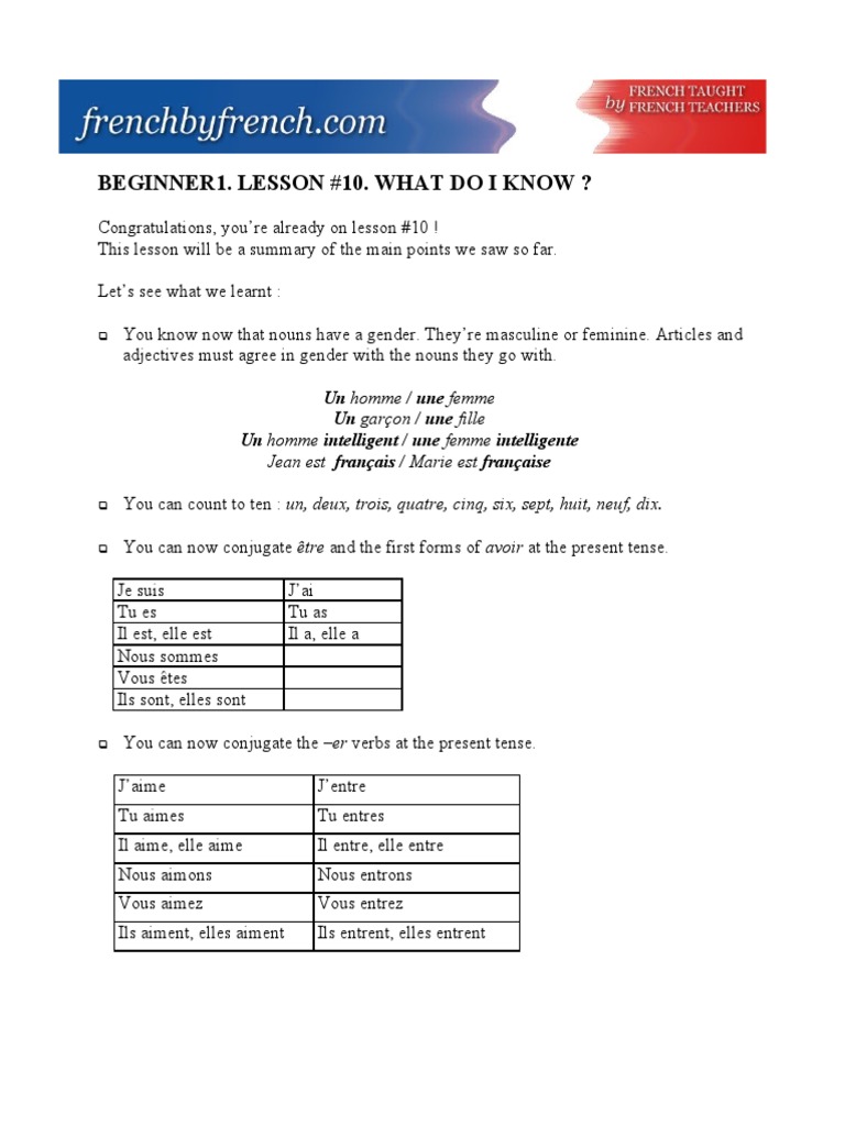 Summary of Key Concepts Learned in French Lesson 10 for Beginners | PDF ...