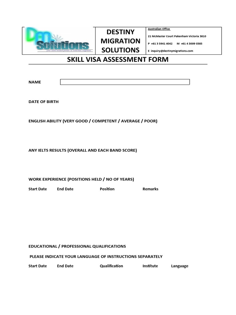 Skill Visa Assessment Form Australia | PDF