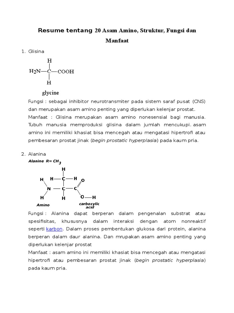 Resume Tentang 20 Asam Amino, Struktur, Fungsi Dan Manfaat | PDF