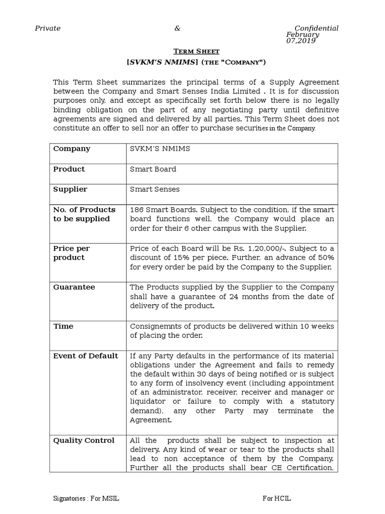 Term Sheet Supply | Download Free PDF | Guarantee | Business