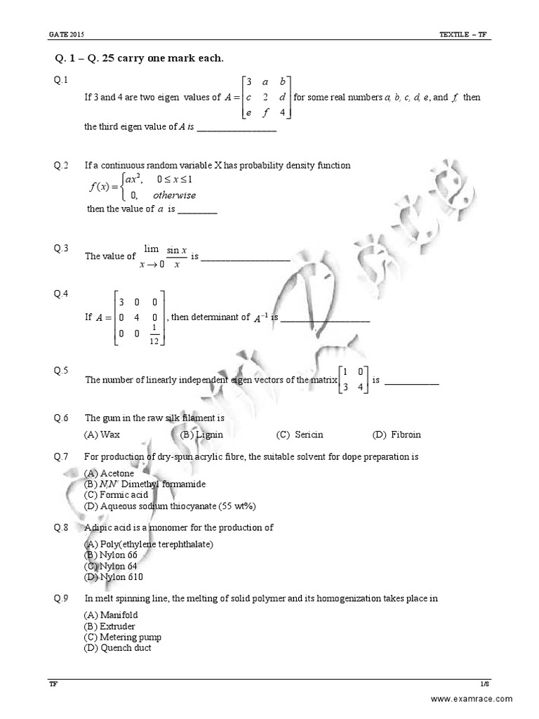 GATE Textile Engineering Paper 2015 | PDF | Spinning (Textiles) | Textiles