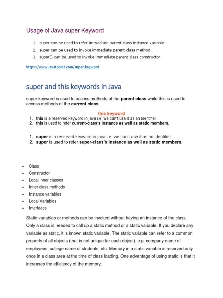 Usage Of Java Super Keyword Pdf Class Computer Programming