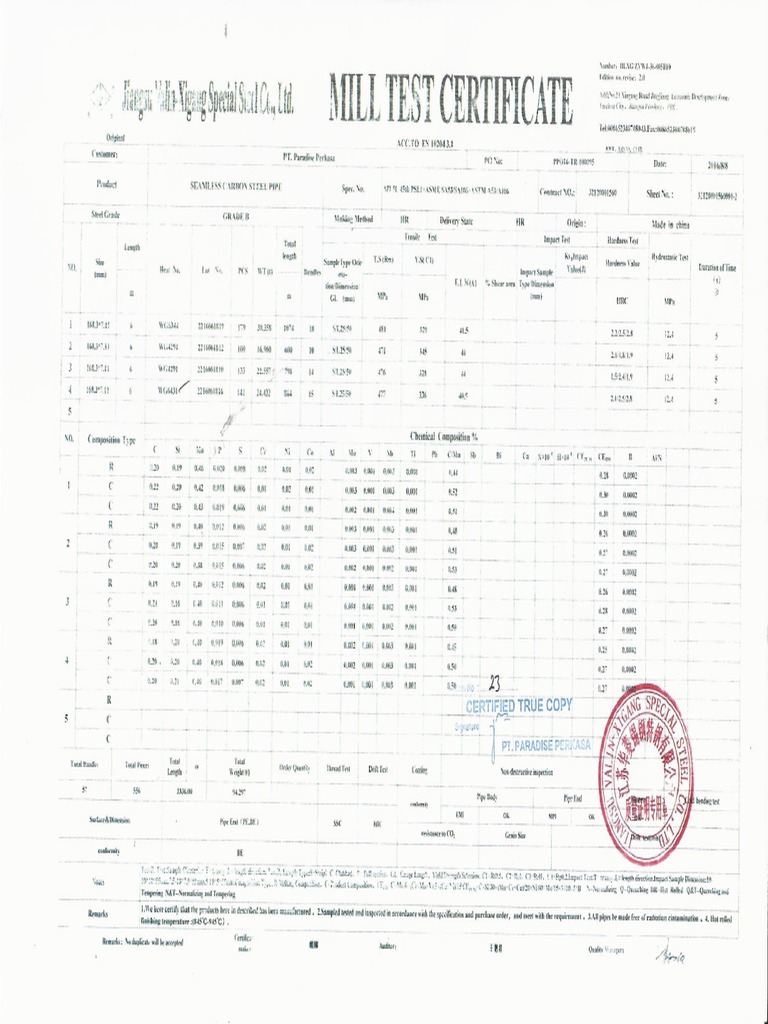 Mill Certificate - Pipe CS PDF | PDF