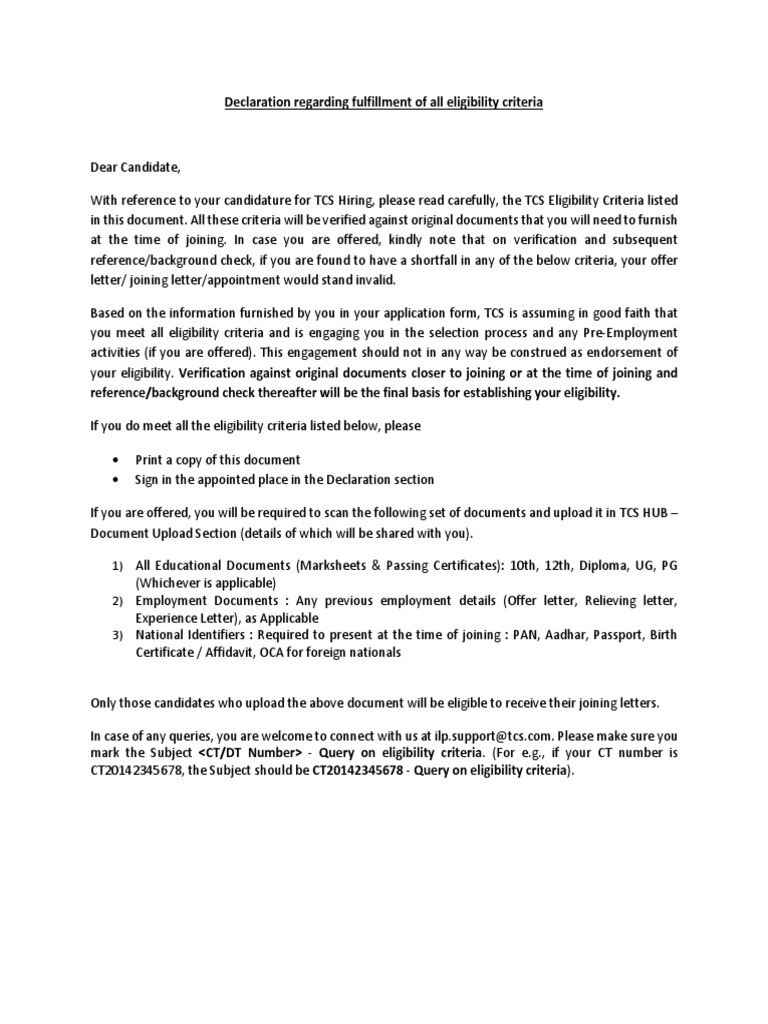 TCS Hiring Declaration | PDF | Postgraduate Education | Test (Assessment)