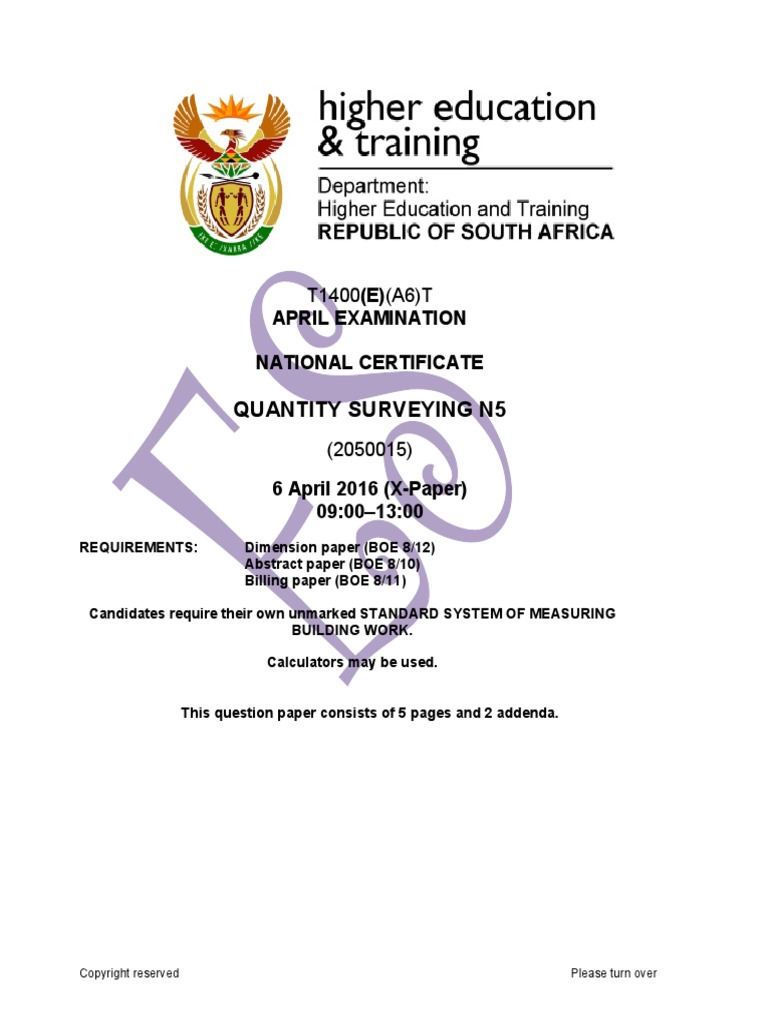 t1400 - Quantity Surveying n5 QP April 2016 | PDF | Concrete | Brick t1400 - Quantity Surveying n5 QP April 2016 | PDF | Concrete | Brick