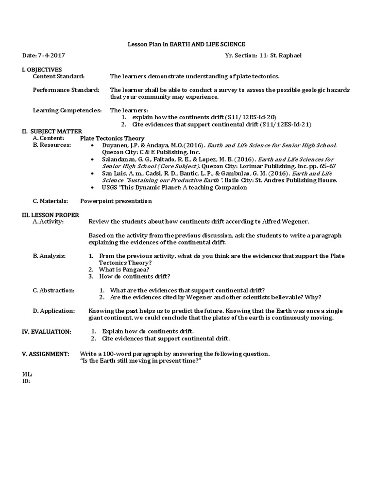 ES DLP 7-4-2017 Plate Tectonics Theory | PDF | Plate Tectonics | Earth