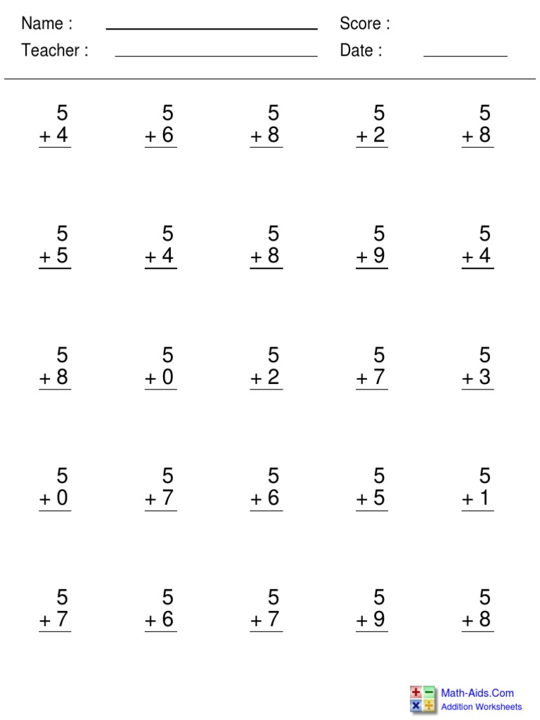 Name: Teacher: Date: Score:: Addition Worksheets | PDF