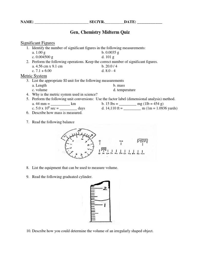 Significant Figures: - Gen. Chemistry Midterm Quiz | PDF | Volume ...