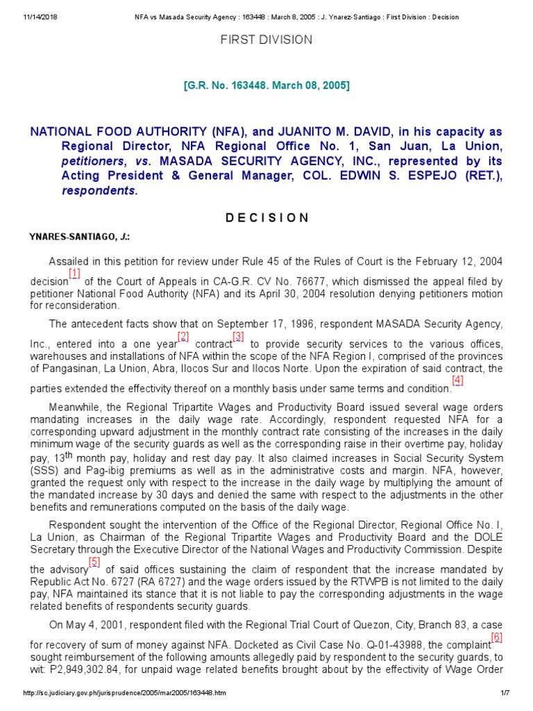 NFA vs Masada Security: Wage Dispute Decision | PDF | Statutory ...