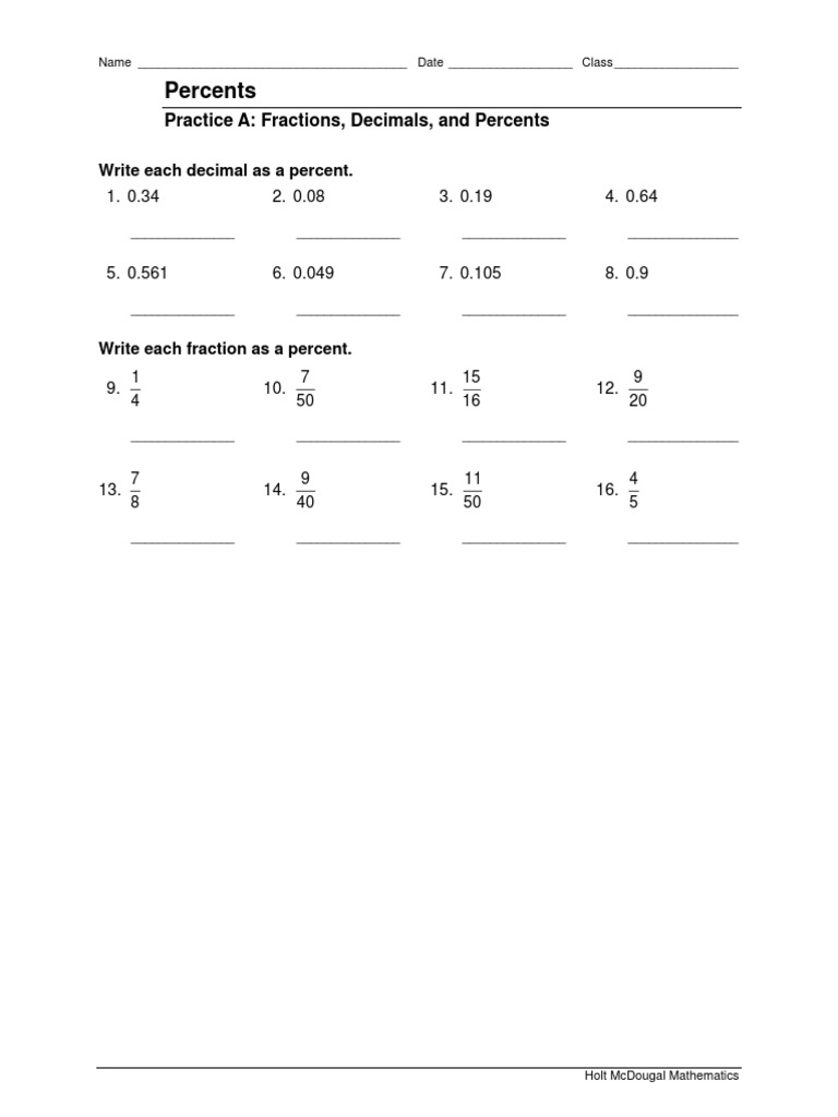 Percents: Practice A: Fractions, Decimals, and Percents | PDF