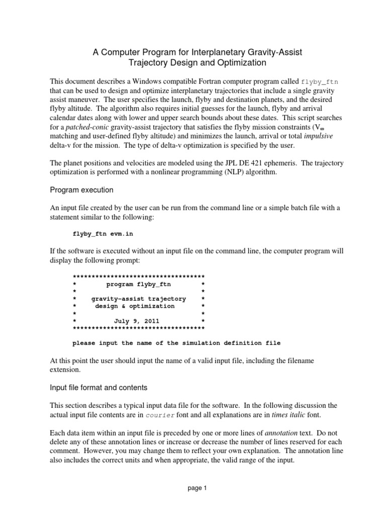 A Computer Program For Interplanetary Gravity-Assist Trajectory Design and Optimization (Fortran ...