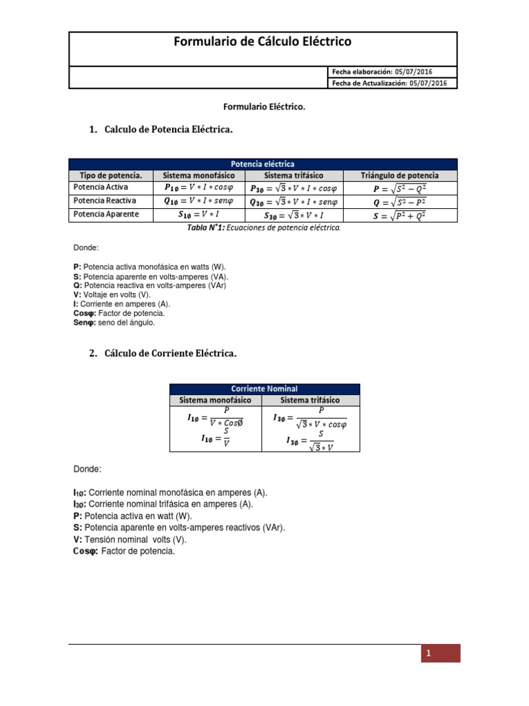 Formulario Eléctrico | PDF | Energia electrica | Corriente eléctrica