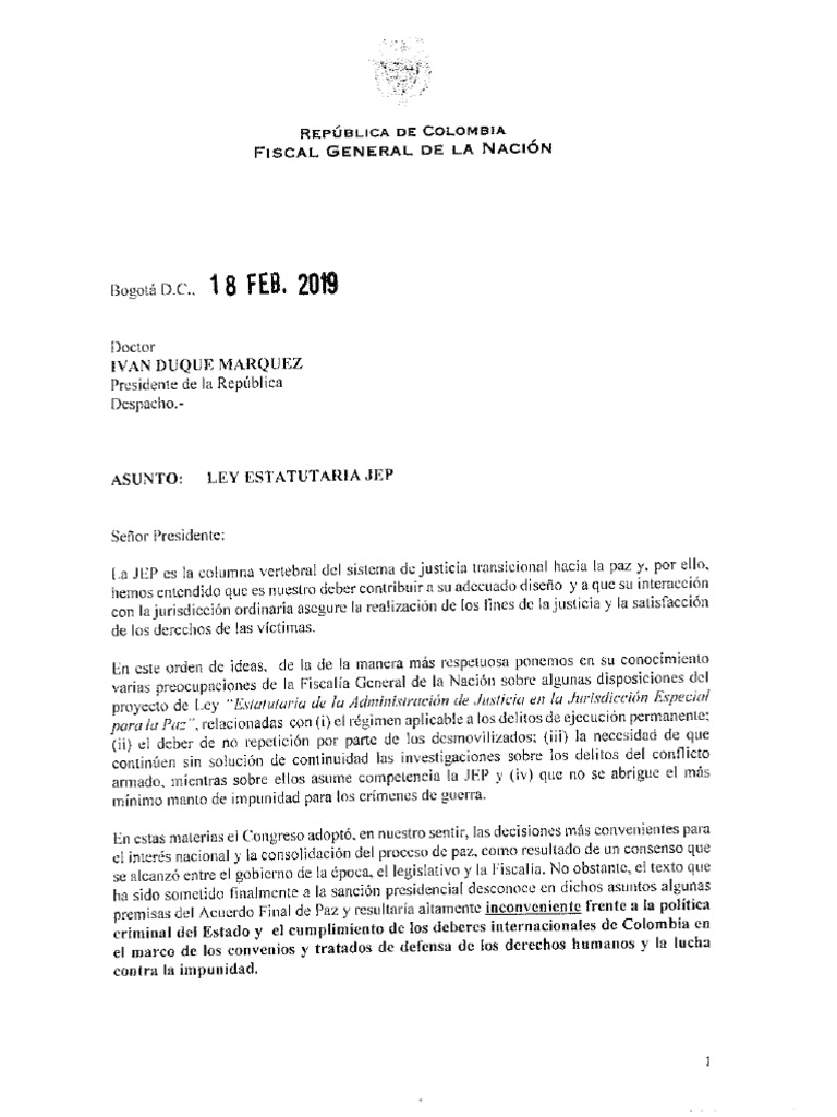 Esta Es La Carta Completa Del Fiscal Martínez Sobre Los Reparos A Ley Estatutaria de La JEP | PDF