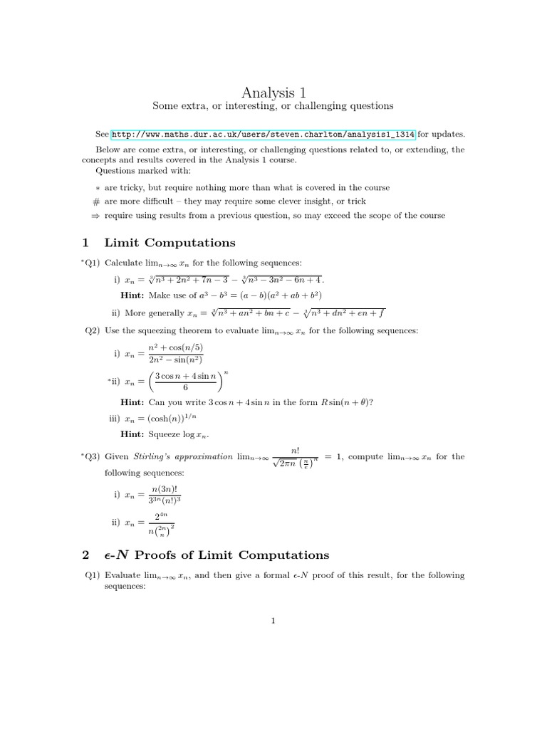 Analysis 1: 1 Limit Computations | PDF | Series (Mathematics) | Logarithm