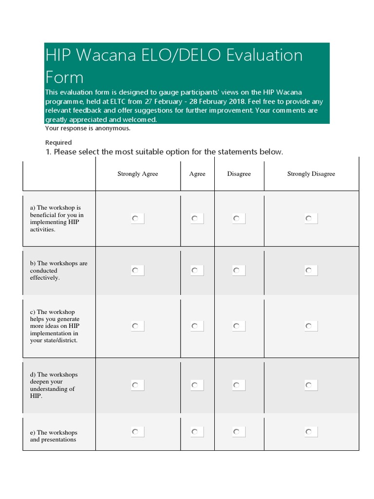 HIP Wacana ELO/DELO Evaluation Form: 1. Please Select The Most Suitable ...