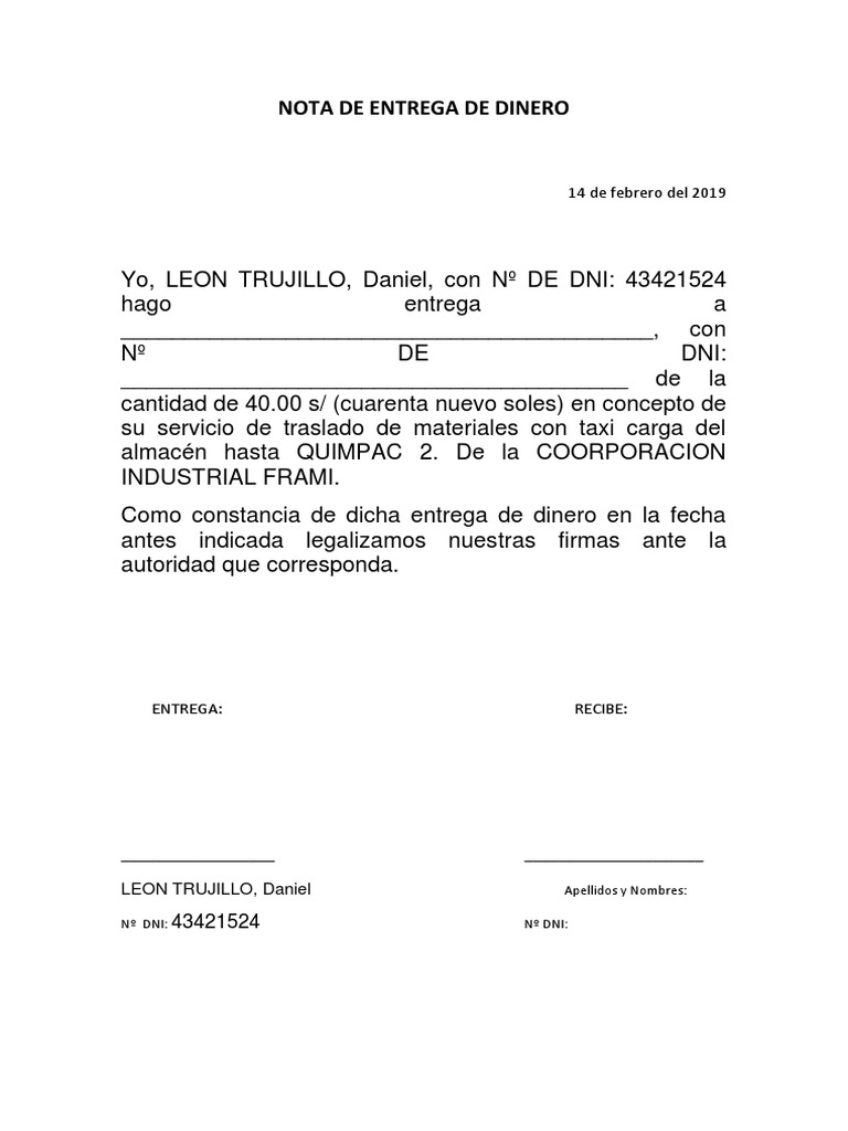 Nota de Recibo de Dinero | PDF