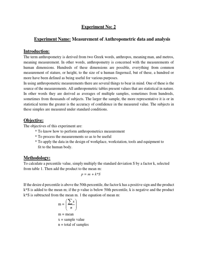 Experiment No: 2 Experiment Name: Measurement of Anthropometric Data and Analysis | PDF ...
