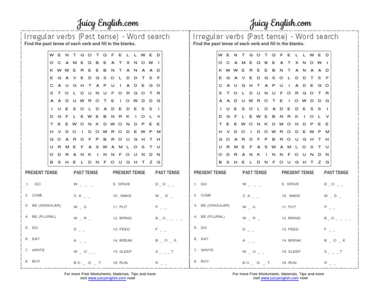 Irregular Verbs Past Tense Word Search | PDF | Word Search | Syntax