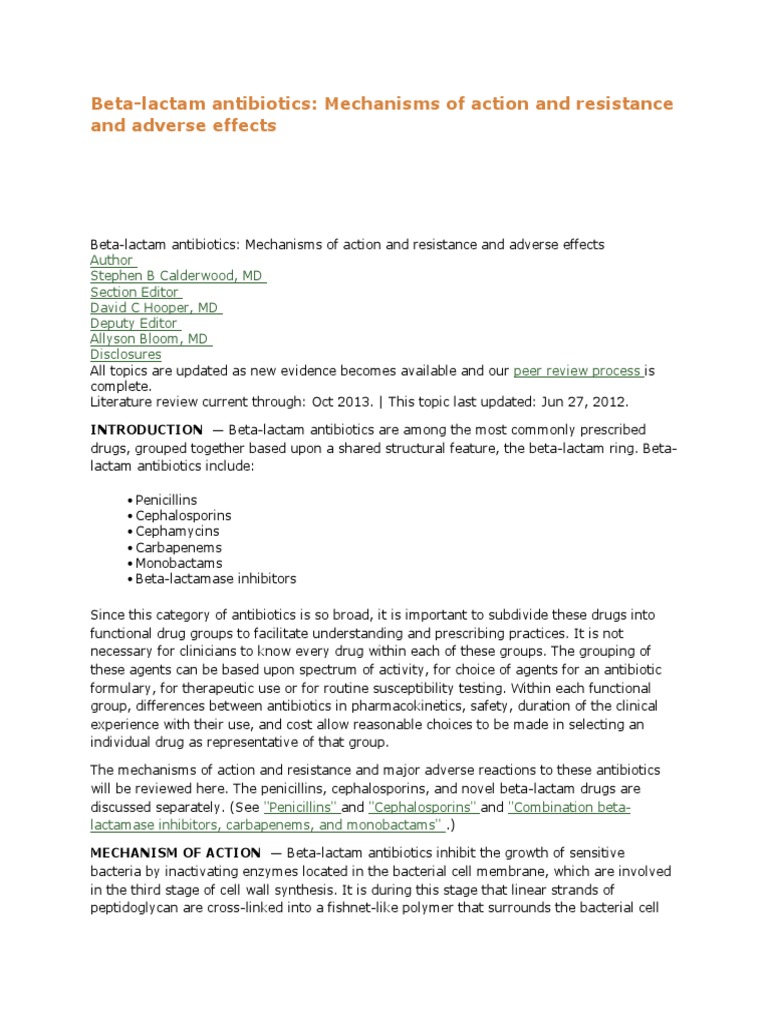 Mechanisms of Action and Resistance and Adverse Effects of Beta Lactams Scribd | PDF | Beta ...