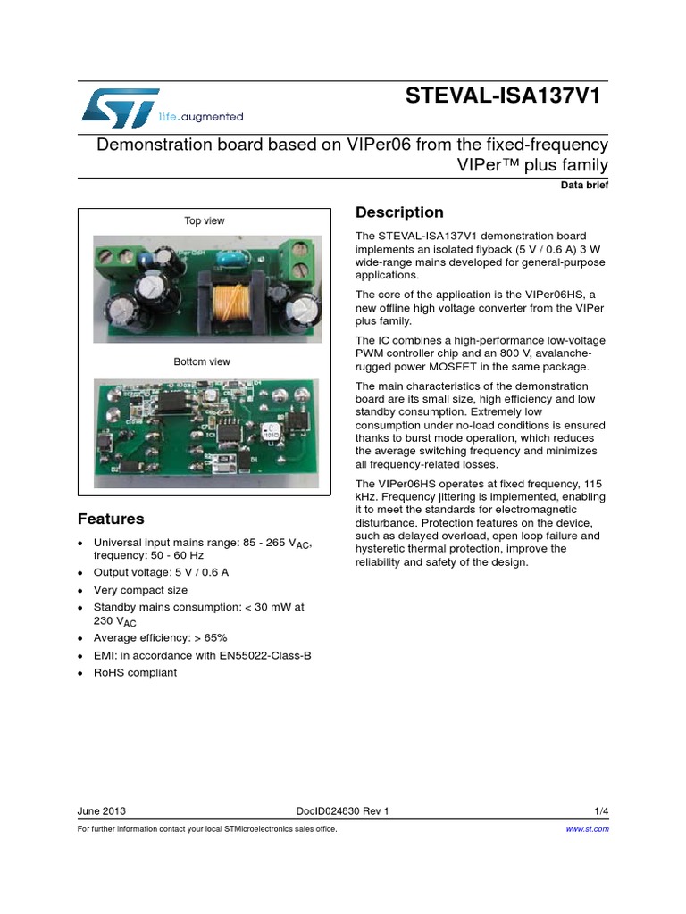 Steval-Isa137V1: Demonstration Board Based On Viper06 From The Fixed-Frequency Viper™ Plus ...
