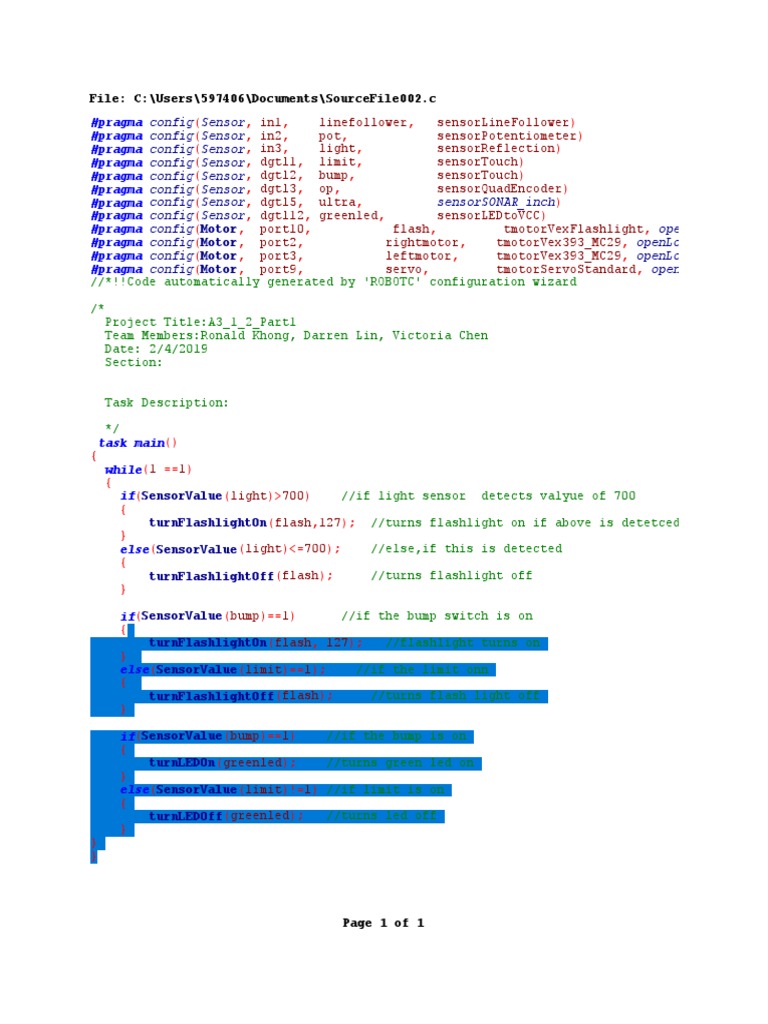 VEX Robotics Flashlight Control Code | PDF | Computers