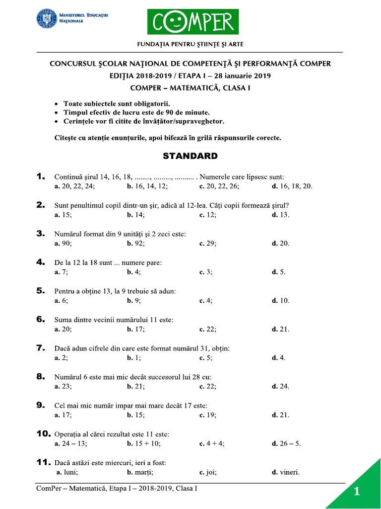 Subiect Comper Matematica EtapaI 2018 2019 ClasaI | PDF