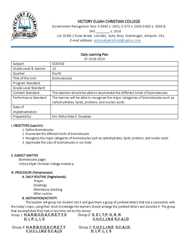 Daily Lesson Plan | PDF | Biomolecules | Lesson Plan