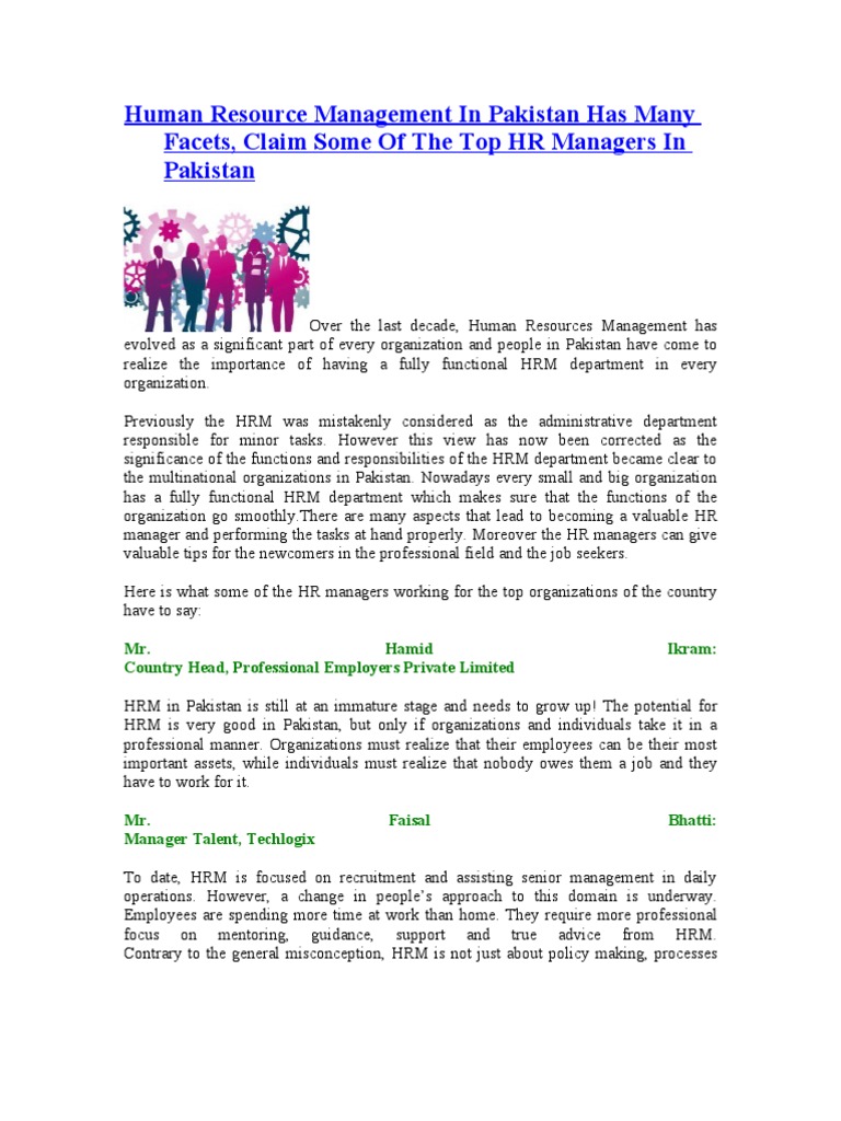 Human Resource Management in Pakistan Has Many Facets, Claim Some of ...