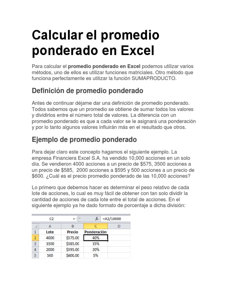 Calcular El Promedio Ponderado en Excel Costo | PDF