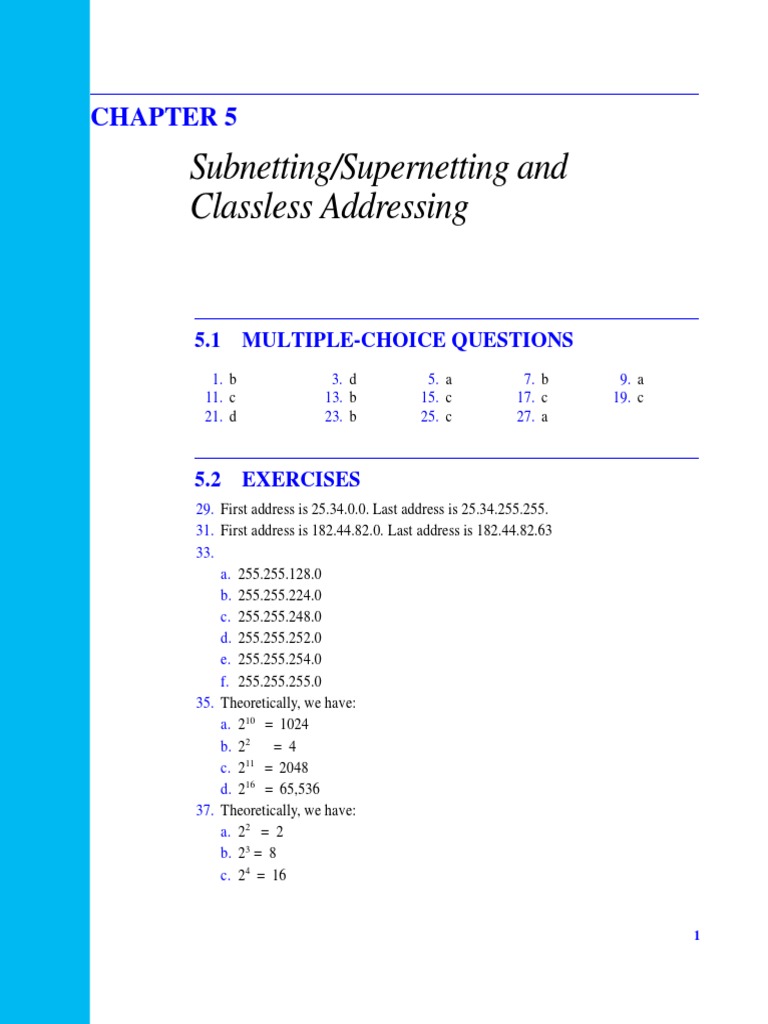 Subnetting/Supernetting and Classless Addressing: 5.1 Multiple-Choice ...