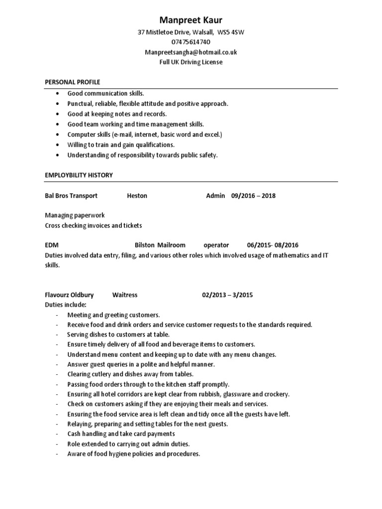 Manpreet Kaur's Professional Resume | PDF | Tableware | Waiting Staff