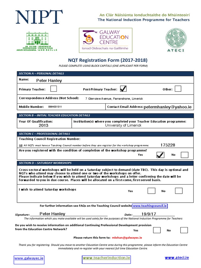 NQT Registration Form Galway | Download Free PDF | Business
