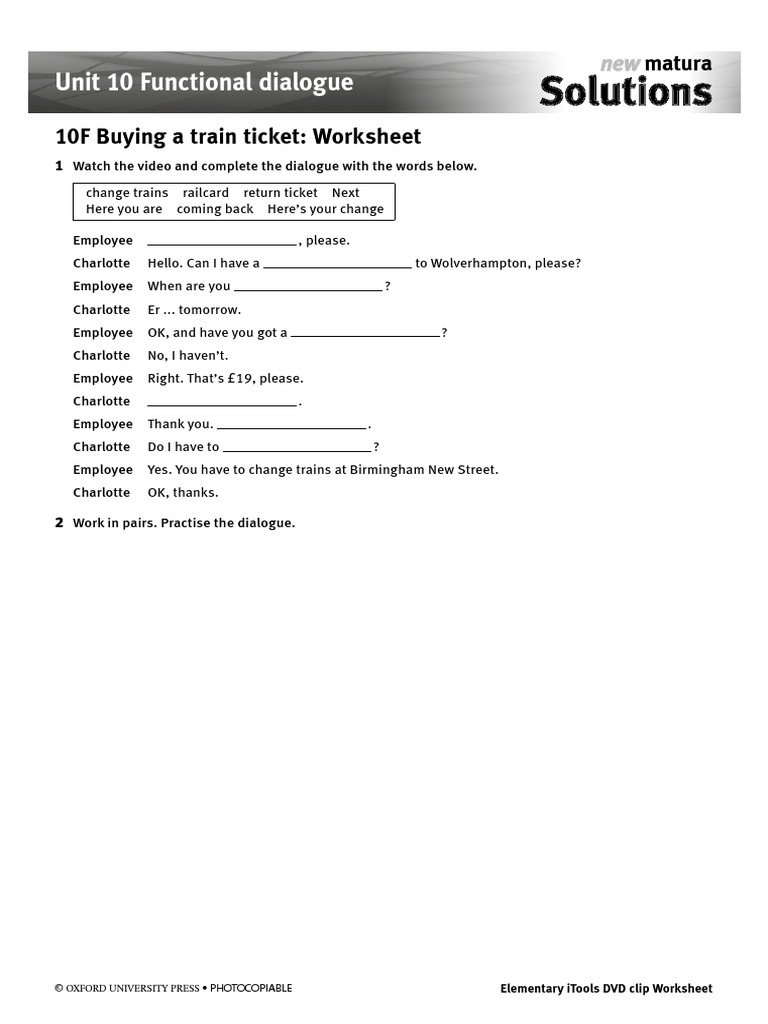 10F Train Ticket - Worksheet, Answers, Script | PDF
