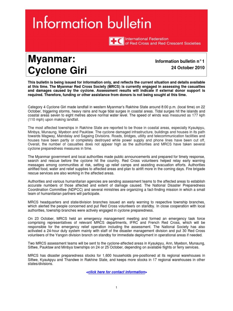 Myanmar: Cyclone Giri Information Bulletin N° 1 24 October 2010 | PDF ...