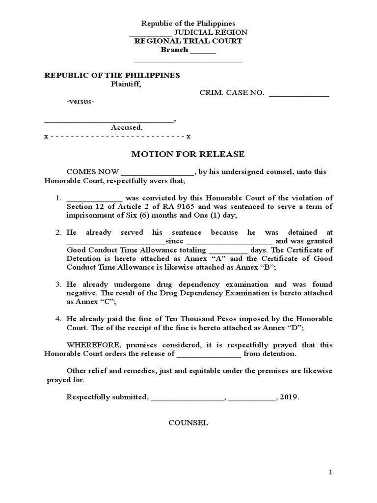 Motion To Release Detained Prisoner | PDF | Virtue | Crime & Violence
