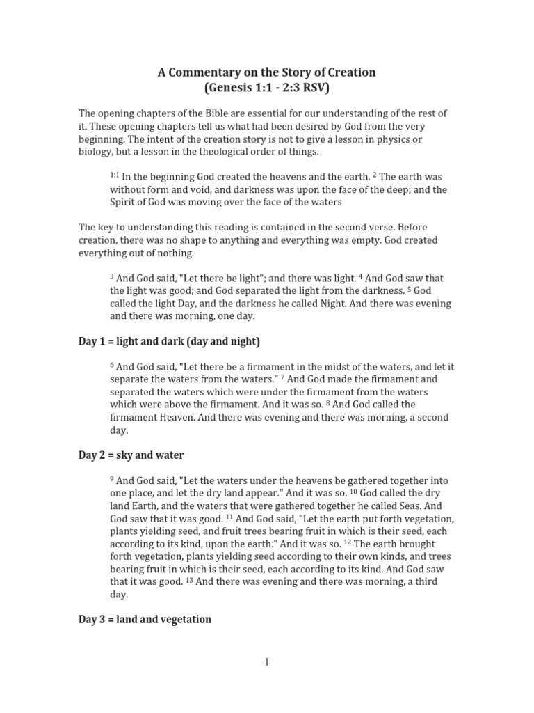A Commentary On The Story of Creation (Genesis 1:1 - 2:3 RSV) | PDF ...