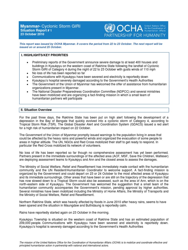 OCHA Situation Report No. 1 - Myanmar - Cyclone Giri | PDF | Seasons ...