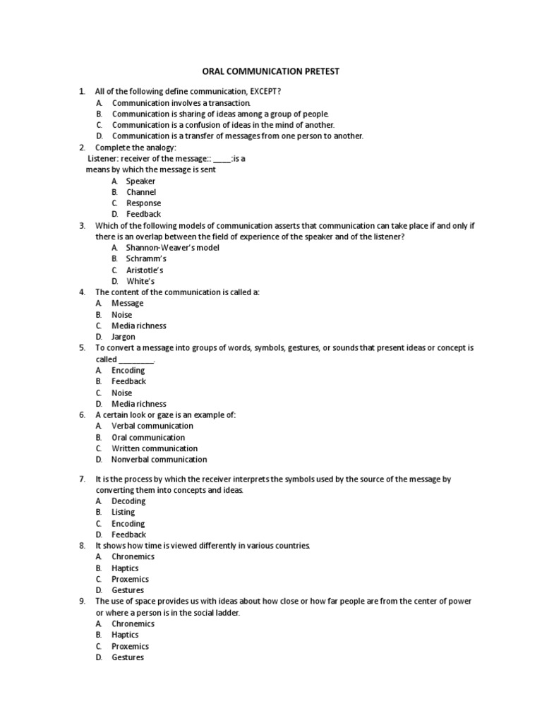 Grade 11 Oral Communication Pretest | PDF | Communication | Cognitive ...