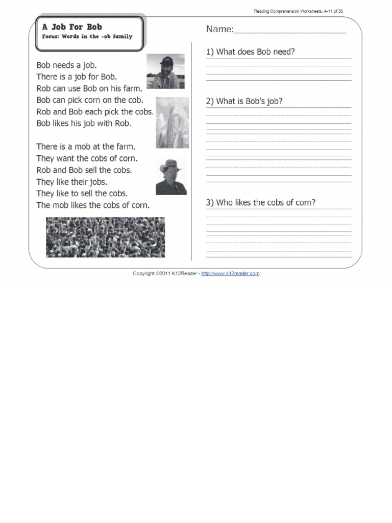 A Job For Bob - 1st Grade Reading Comprehension Worksheet WK 11 | PDF