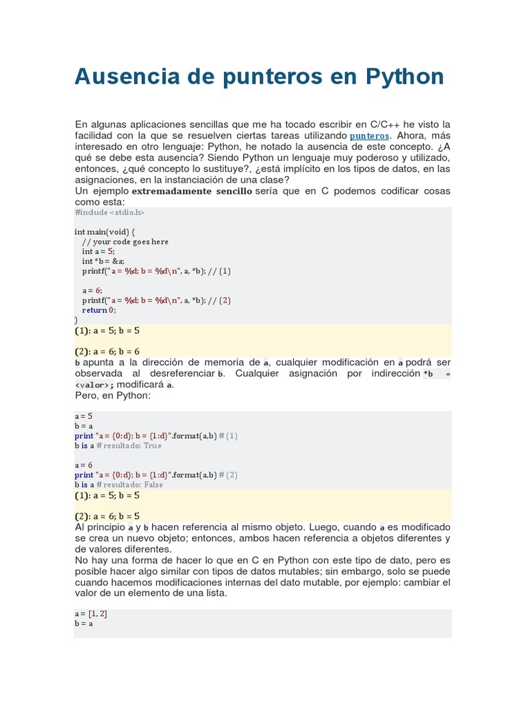 Ausencia de Punteros en Python | PDF | Puntero (Programación de computadora) | Objeto (informática)