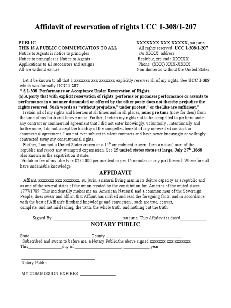 Reservation of Rights Form | PDF | Affidavit | Notary Public