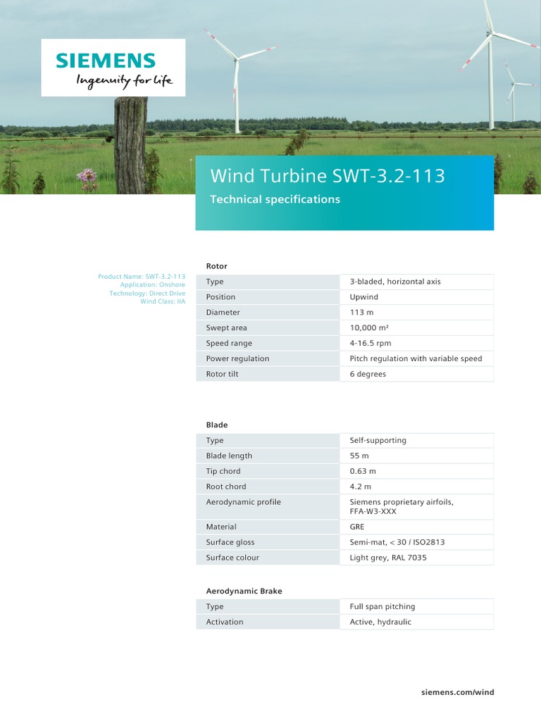 Data Sheet Wind Turbine Swt 3.2 113 | Wind Power | Wind Turbine