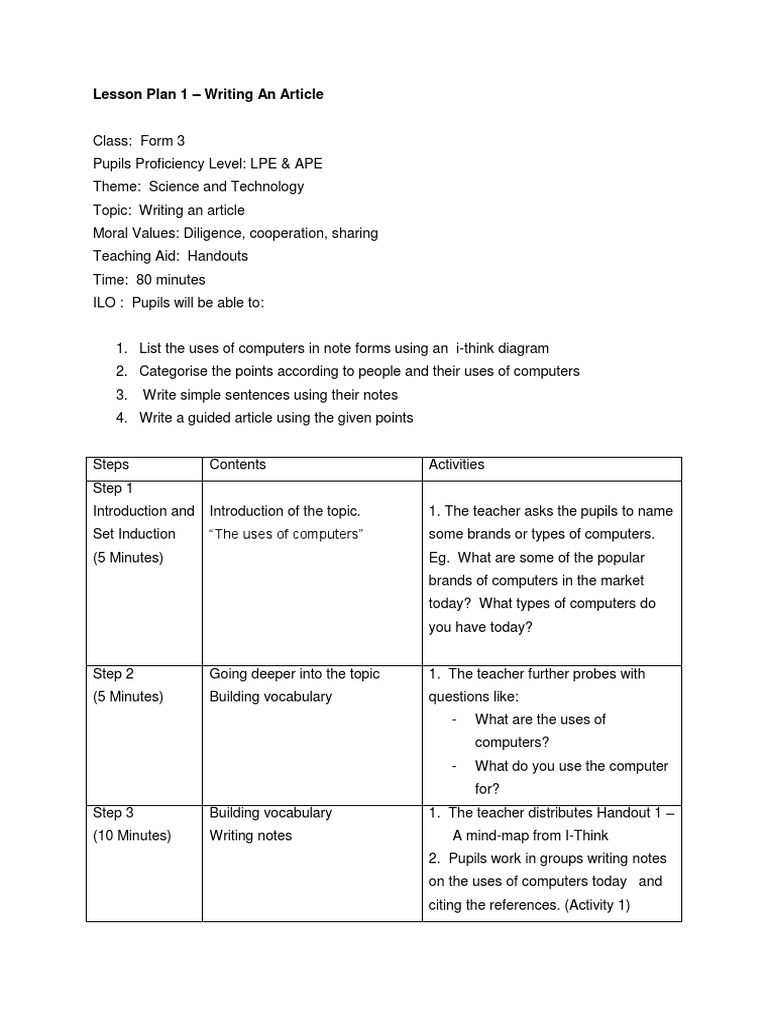Lesson Plan 1 - Writing An Article | PDF | Lesson Plan | Semiotics