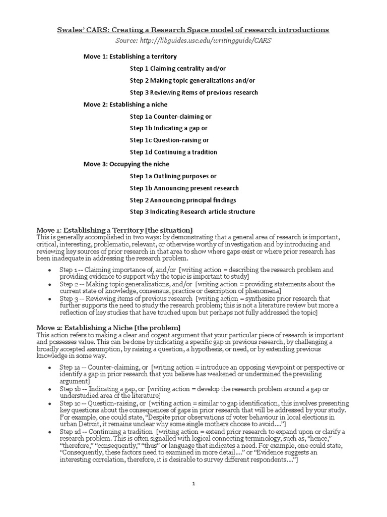 Move 1: Establishing A Territory: Swales' CARS: Creating A Research ...